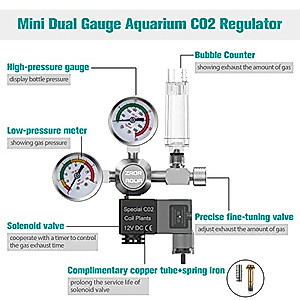ZRDR CO2 Regulator Aquarium 12V DC CO2 Solenoid Pressure Adjustable with Big Dual Gauge Display, Bubble Counter, Check Valve, Aquarium Co2 Kit Fits Standard US Tanks Side and Up Open Cylinder