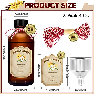 NVioAsport 8 Pack 4 Ounce Amber Glass Bottle with Lids Vanilla Extract Homemade Brown Bottle 4 oz and 8 Pcs Vanilla Extract Stickers for Syrup Gift Glass Food Storage Canister Set Sauce Beans