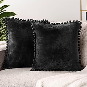 PAVILIA Black Throw Pillow Covers with Pom Pom 18x18 Set of 2, Decorative Pillow Cases for Bedroom Aesthetic, Small Throw Pillows Set for Bed, Velvet Euro Plush Cushion Covers for Sofa Couch