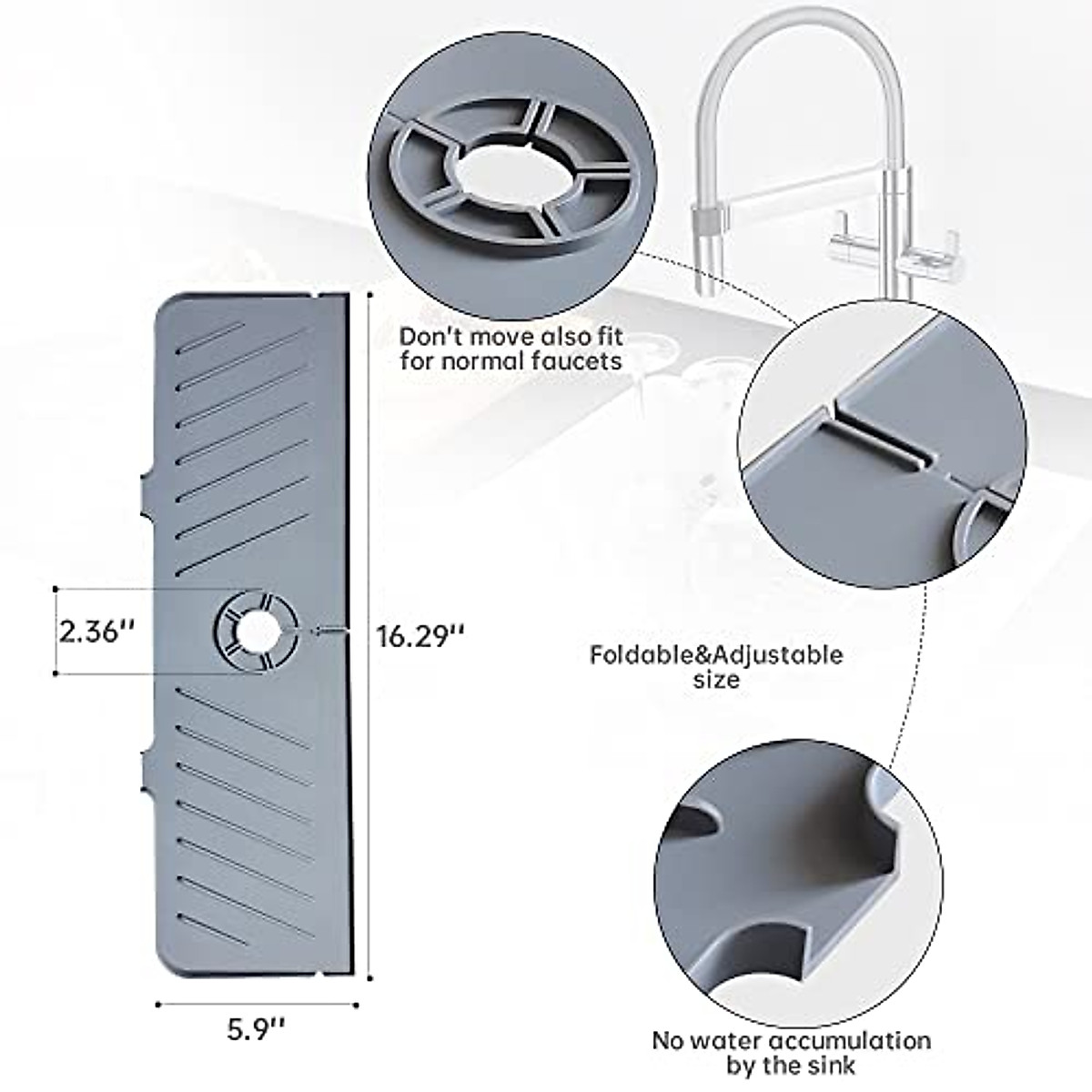 Dish Drying Mat Faucet Splash Guard Kits, Kitchen Bathroom Silicone Faucet Mat Sink Water Splash Guard, Silicone Mat Heat Resistant Mat Drying Mat for Kitchen Counter (Grey)