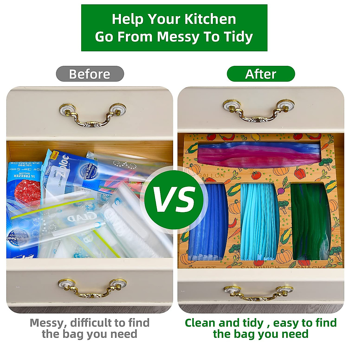 UPTRUST Ziplock Bag Storage Organizer, Farmhouse Wood Kitchen Food Baggie Dispenser Box for Kitchen Drawer Organizer, Compatible with Most Brands Gallon Bag, Quart Bag, Sandwich Bag, Snack Bag