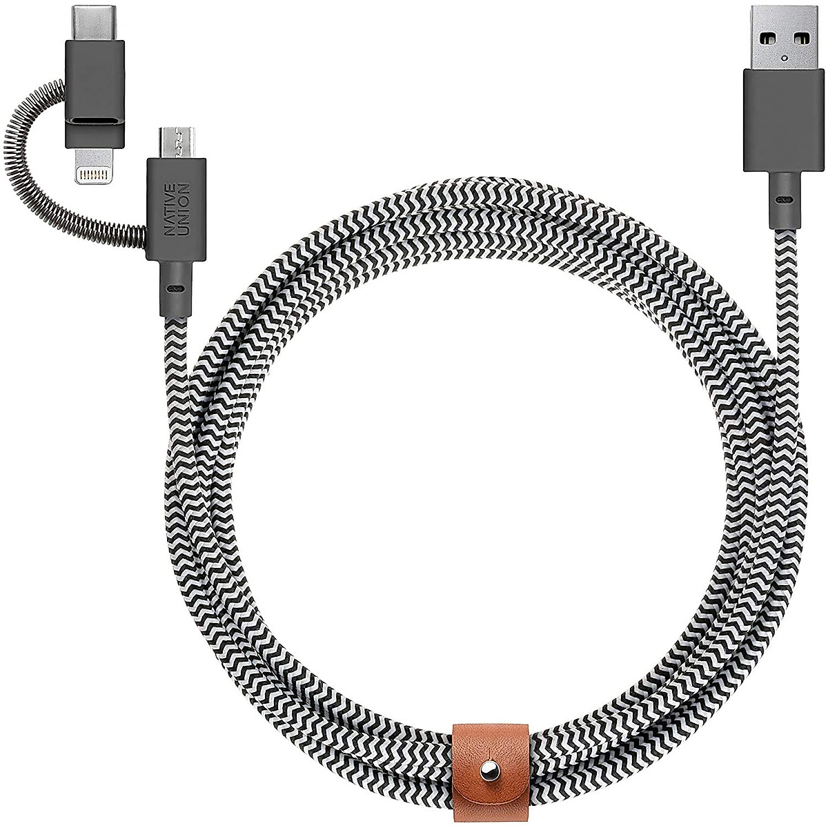 Native Union Belt Cable Universal - 6.5ft Ultra-Strong Reinforced [MFi Certified] Durable Charging Cable with 3-in-1 Adaptor for Lightning, USB-C and Micro-USB Devices (Zebra)