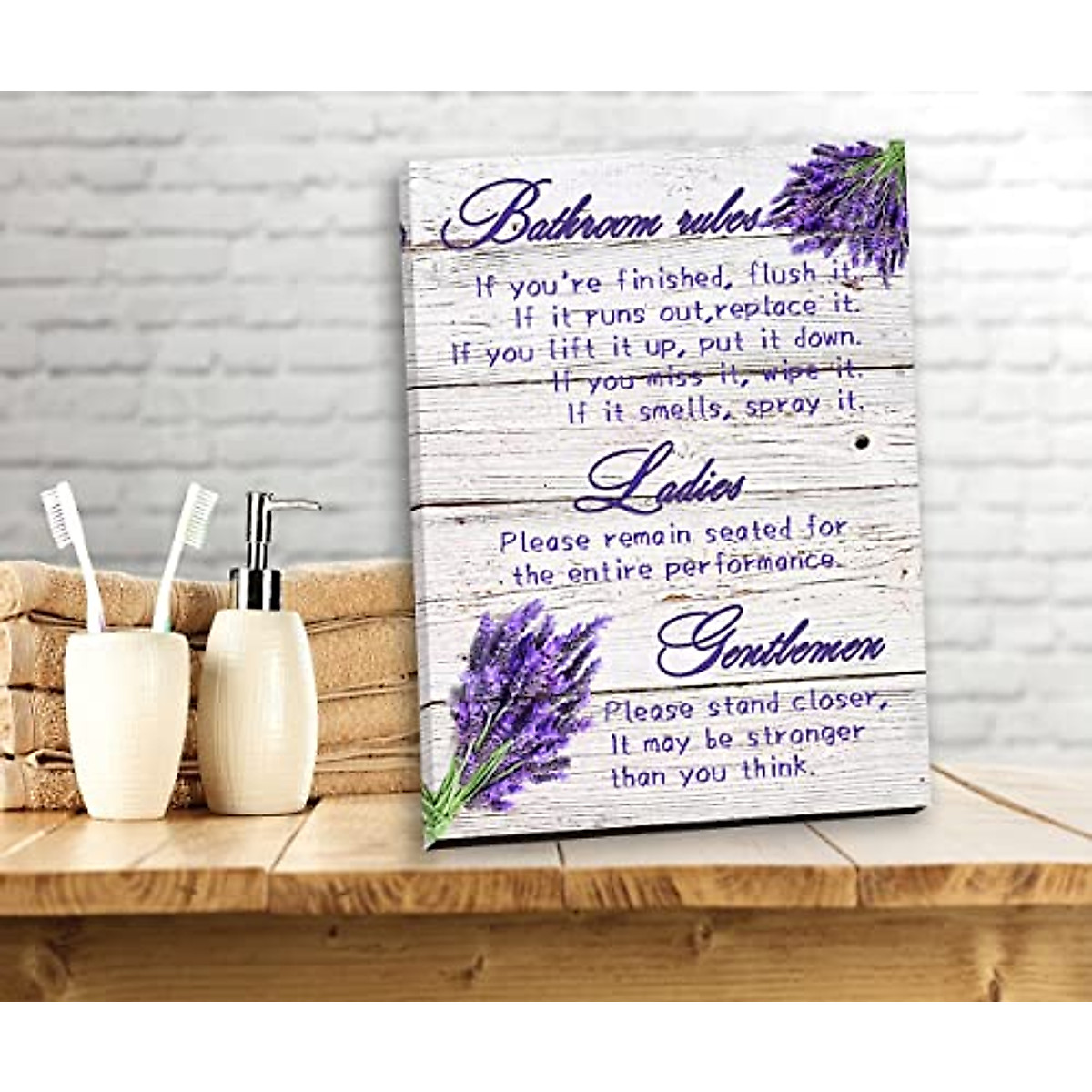Ladies and gentlemen Bathroom Rules canvas Wall Decor, Lavender purple theme Bathroom Decor Wall Art,Farmhouse Toilet Wall Decor,Rustic Bathroom Funny Rules Prints Signs Framed 12"x15"
