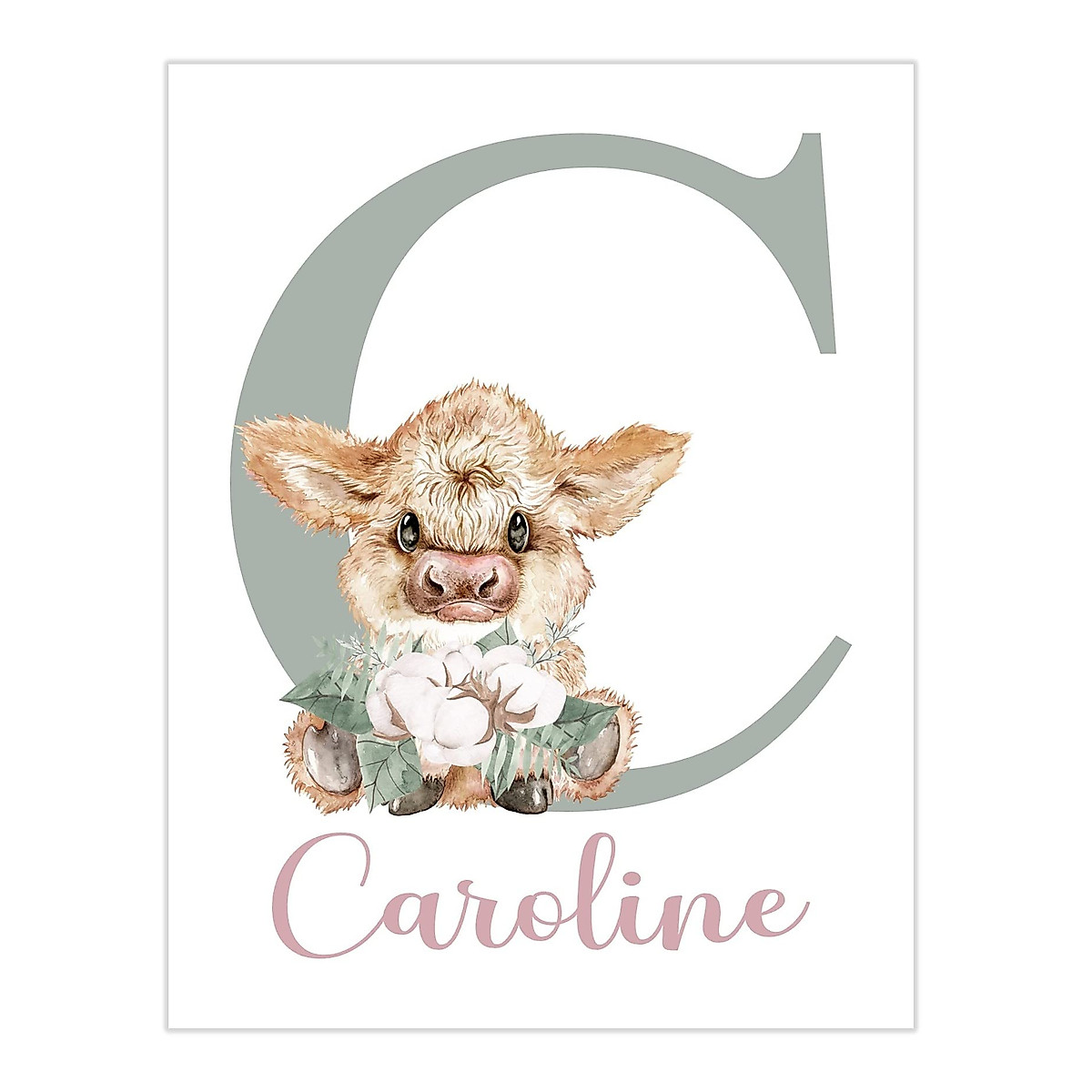 Personalized Watercolor Highland Cow Sage Green and Dusty Rose Rustic Cotton Farmhouse Baby Nursery Unframed Print