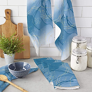 LOVE HOME DAY Kitchen Towel Set of 3, Nature Marble Texture Golden Wave Point Lines Art Hand Towels Absorbent Microfiber Dish Cloth Abstract Blue Gradient Washable Tea Bar Dishcloth Cleaning Cloths