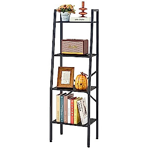 Hoctieon Ladder Shelf Bookcase, 4-Tier Ladder Bookshelf, Tall Bookshelf with Metal Frame, Industrial Bookshelf Ladder, for Living Room, Kitchen, Home Office, Bedroom, Simple Assembly, Black