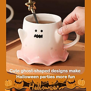 Mycheny Funny Halloween Pink Ghost Shape Ceramic Coffee Cup (14 oz), Cute Cartoon Little Elf Cup