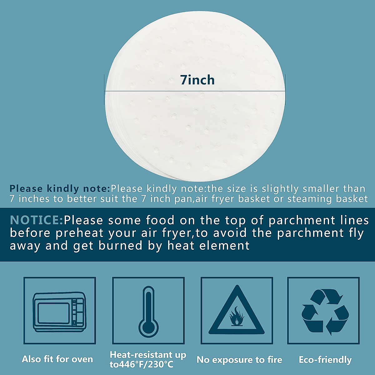 Air Fryer Perforated Parchment Paper,Non-Stick Air Fryer Liners 100 Pcs, White 7 Inch and 9 Inch (7 Inch)