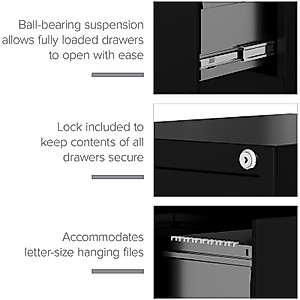 Pemberly Row 22" Deep 2-Drawer Classic Design Metal Letter Width Vertical File Cabinet, with Lock, Steel Ball-Bearings, Commercial Grade, for Business/Educational/Personal Office, in Black