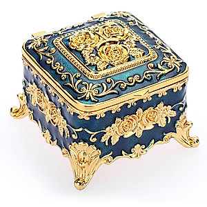 Hipiwe Vintage Metal Jewelry Box - Small Trinket Organizer Ring Box Case with Rose Pattern, Jewelry Storage Box for Ring Earrings Necklace, Keepsake Box for Women Girls, 3"x3"x2.4"