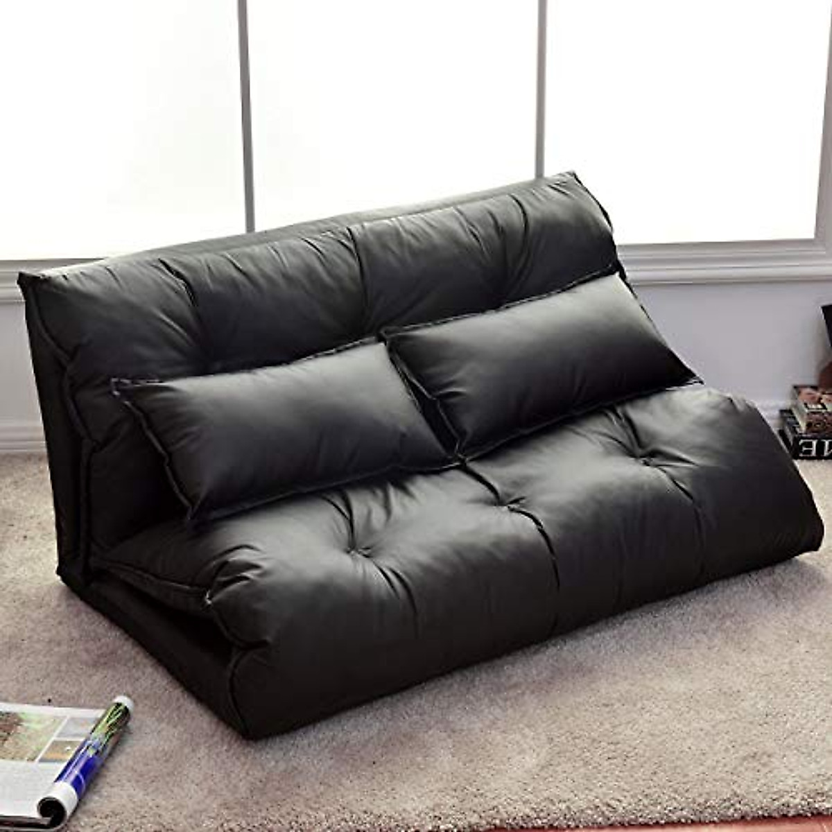 Foldable PU Leather Leisure Floor Sofa Bed w/ 2 Pillows Home Sofas at House Furniture & Armchairs, Household Furnishings, Settee, Divan, Easychair, Davenport, Armchair, Adolescence, Lounge, Chair.