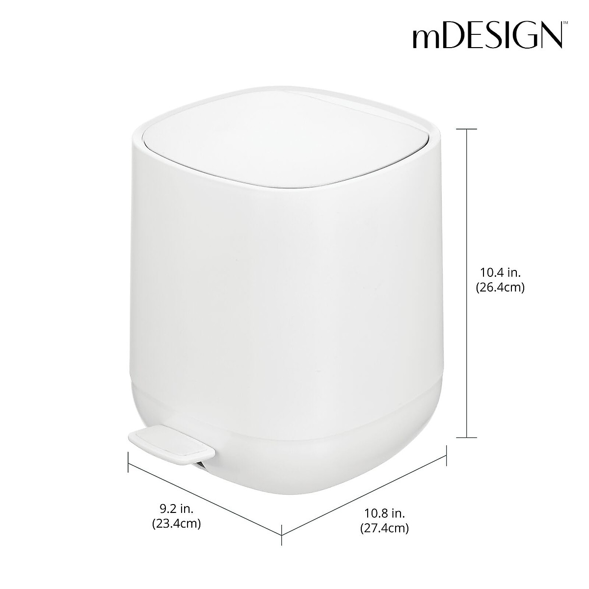mDesign Plastic 1.3 Gallon/5 Liter Trash Can Waste Basket for Bathroom with Lid, Step Pedal Dustbin, and Removable Liner Bucket - Small Garbage Bin for Bathroom, Bedroom, or Office - White