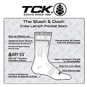 TCK Performance Zip Pocket Crew Socks, Stash & Dash (Black, Large)