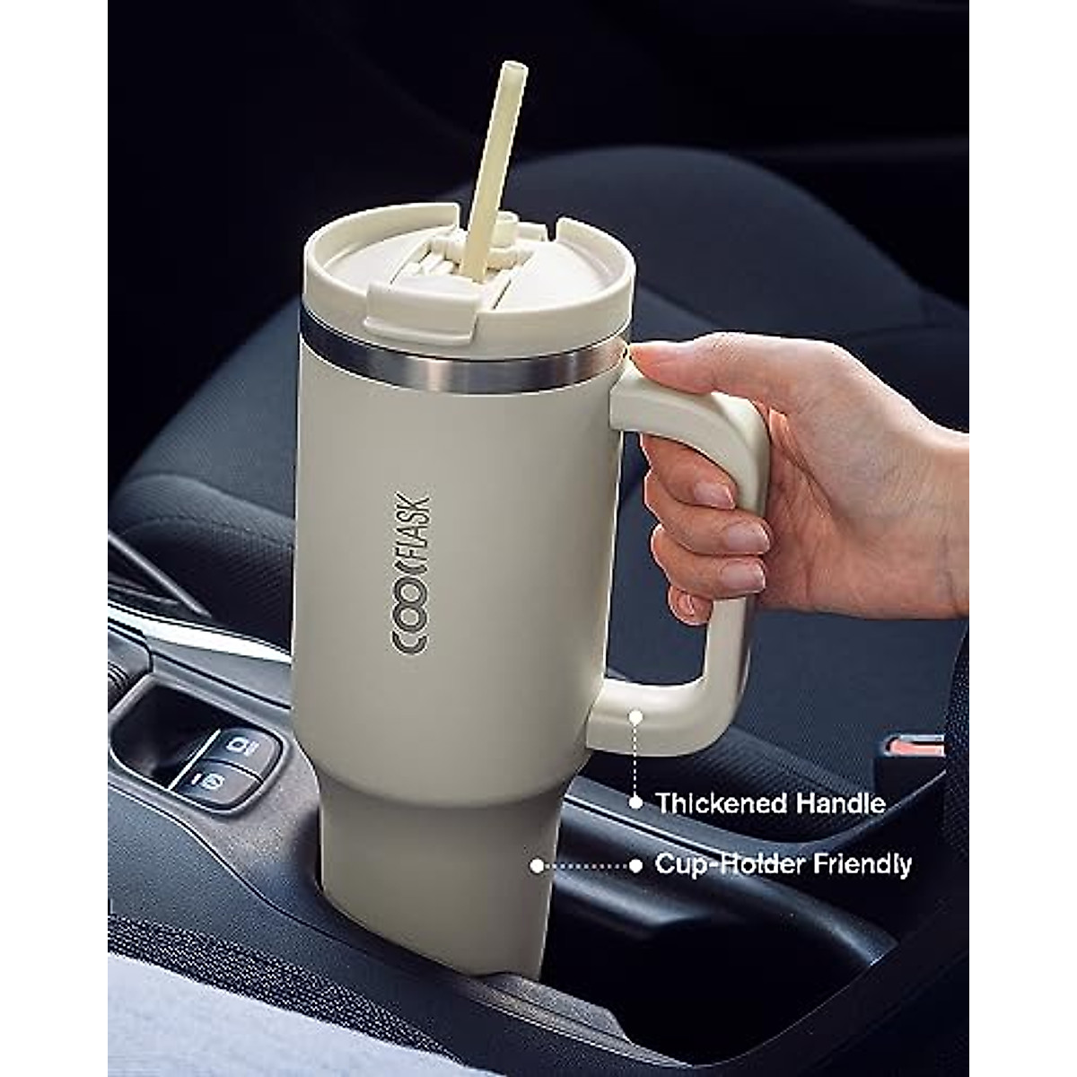 Coolflask 40oz Tumbler with Handle, Insulated Water Tumbler with Lid and Straw, Coffee Tumbler Travel Mug Stainless Steel for Cup Holder, Keep Cold for 24H/Hot for 12H, Apricot