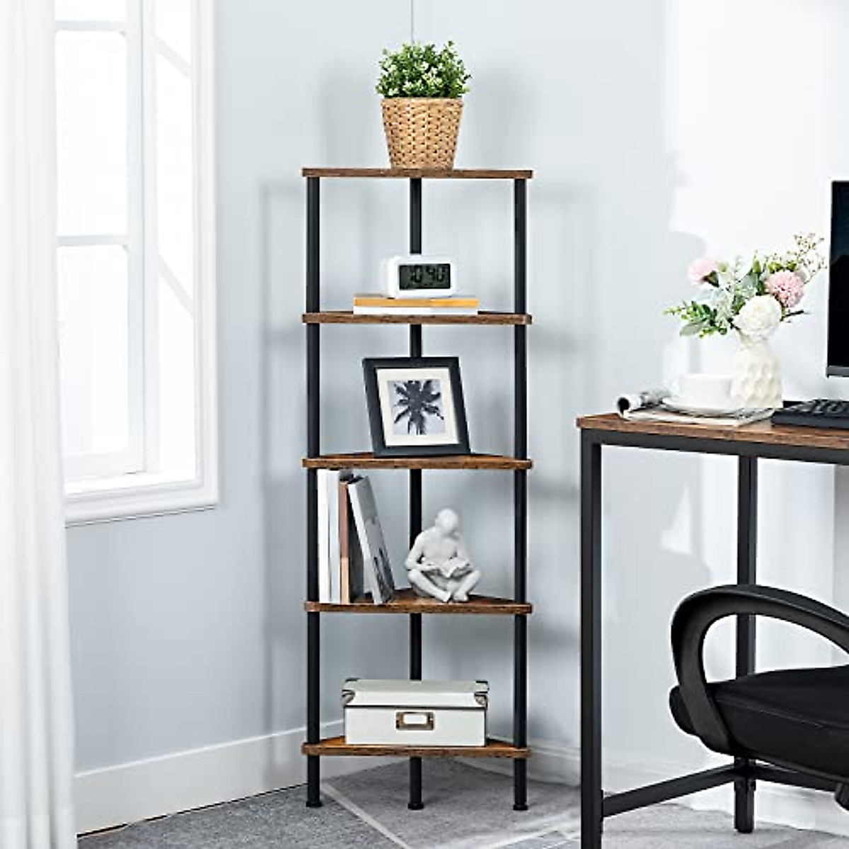 HOOBRO Corner Shelf with Metal Frame, Industrial 5-Tier Wall Corner Bookshelf Stand Display Plant Flower, Bookcase for Small Spaces, Bedroom, Living Room, Rustic Brown BF33CJ01
