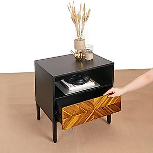 Bme Vivian Solid Wood Nightstand, End Table, Bedside Table with Herringbone Pattern for Rustic Bedroom, Easy Assembly, Rustic Golden Brown and Black