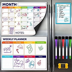 Magnetic Dry Erase Whiteboard Calendar for Fridge Set of 3 - Includes: Monthly, Weekly & Daily Calendar Whiteboard, Grocery List, 5 Markers & Eraser - Perfect Calendar to Get Organized Every Day
