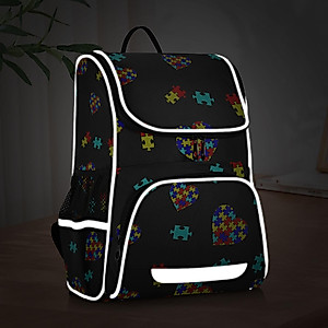 XUWU Custom Personalized Autism Awareness Colorful Puzzle Backpack with Reflective Strip for Kids Boys Girls Elementary School Bag Removable Chest Strap