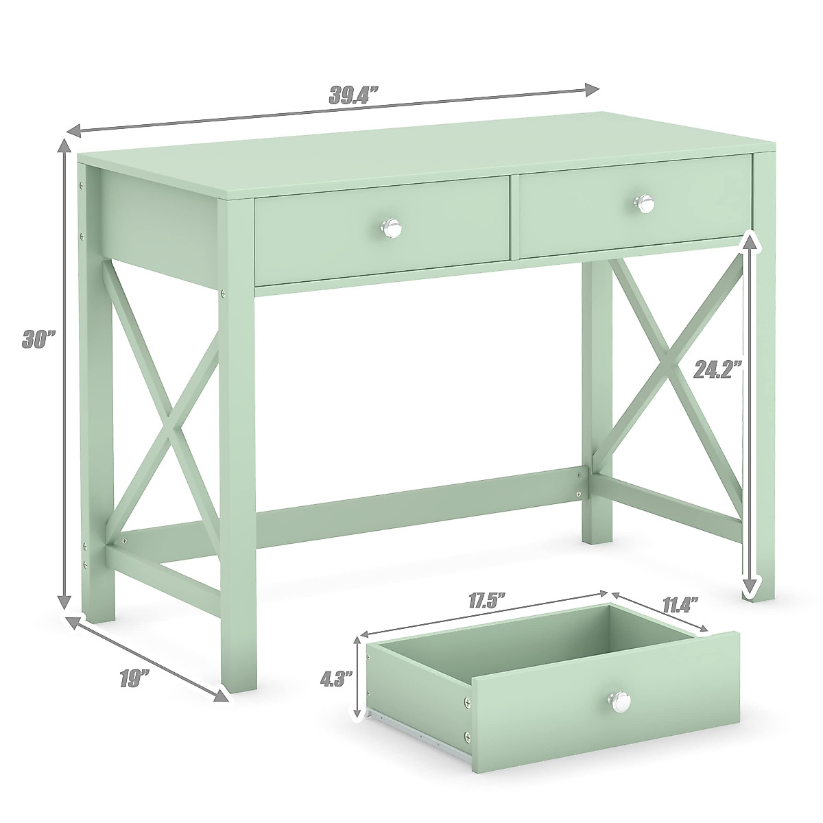 WiberWi Home Office Desk with Drawers, Small Writing Computer Desk for Bedroom, Modern Green Makeup Vanity Table Desk for Girls, Study Table for Home Office