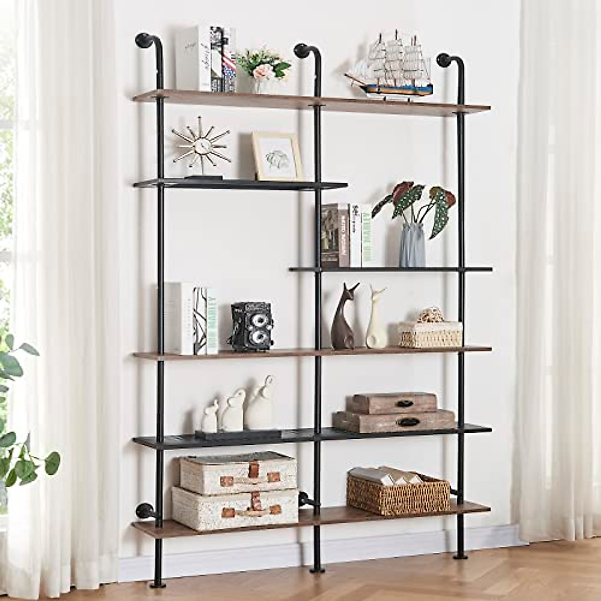 HOMISSUE Industrial Bookshelf 6-Tier Open Wall Mount Ladder Bookshelf, Modern Bookcase with Metal Frame and Wood for Home Office, Wall Mounted Industrial Iron Pipe Shelf, Brown