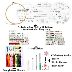 EFOBO Beginners Embroidery Stitch Practice kit, 3 Set Cross Stitch Kits to Learn 31 Different Stitches, Embroidery Kit, Easy to Follow with Instructions, Gifts for Adult Craft Lover Kid