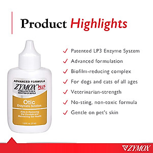 Zymox Advanced Formula Otic Plus Enzymatic Ear Solution for Dogs and Cats Without Hydrocortisone, 1.25oz