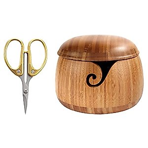 JubileeYarn Bamboo Yarn Bowl with Removable Lid + Embroidery Scissors Combo - Carbonized Brown Bowl