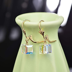 Austrian Crystal Cube Drop Earrings for Women Leverback Dangle Earrings 14K Gold Plated Hypoallergenic Jewelry (Aurora Borealis)