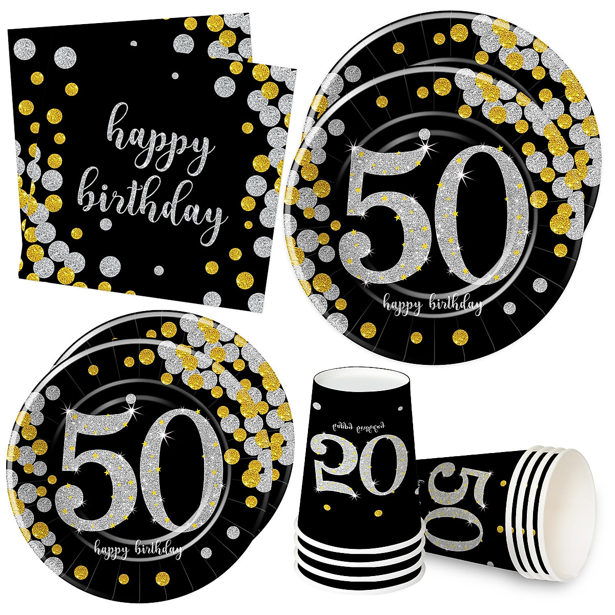 HIPVVILD Happy 50th Birthday Plates And Napkins Party Supplies Men Women - 50th Birthday Decorations Party Tableware, Plate, Cup, Napkin, 50 Year Old Birthday Table Decorations Dinnerware | Serve 24