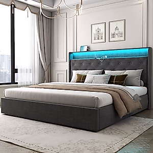 Loomie King Lift Up Bed Frame with Charging Station & LED Lights, Upholstered Bed with Button Tufted Wingback Storage Headboard, Hydraulic Storage, No Box Spring Needed, Wood Slats Support,Dark Grey