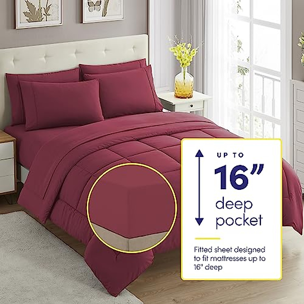 Sweet Home Collection 7 Piece Comforter Set Bag Solid Color All Season Soft Down Alternative Blanket & Luxurious Microfiber Bed Sheets, Burgundy, Queen