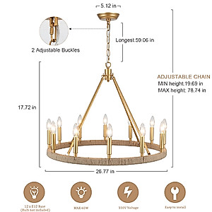 ASHUAQI Gold Wagon Wheel Chandelier 12 Light Modern Farmhouse Round Chandeliers for Dining Room Rustic Vintage Pendant Light Fixtures for High Ceilings Living Room Foyer Entryway