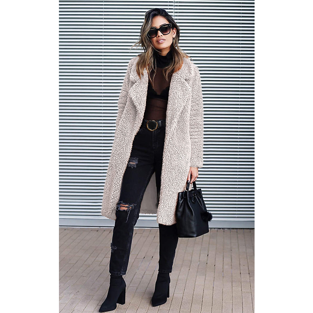 Angashion Women's Fuzzy Fleece Lapel Open Front Long Cardigan Coat Faux Fur Warm Winter Outwear Jackets Light Beige M