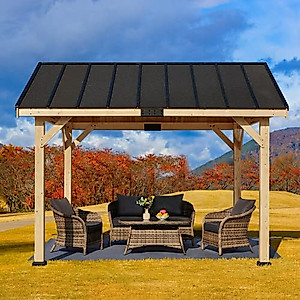 Small Wood pergola,11x12 FT Solid Wood Gazebo with Waterproof Asphalt Roof, Outdoor Permanent Hardtop Gazebo Canopy for Patio, Garden, Backyard