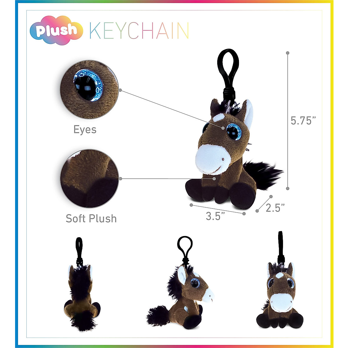 DolliBu Big Eyes Horse Stuffed Animal Toy Keychain - Soft Horse Keychain Stuffed Animals Small Charm for Backpack, Handbag and Purse, Perfect Horse Plush Animal Toys for Kids and Adults - 5.75 Inches