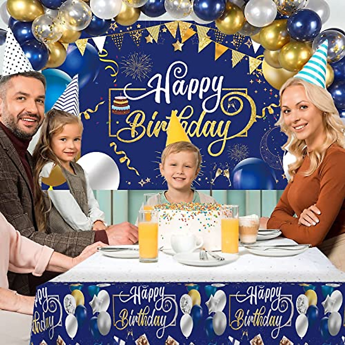 Gold Blue White Happy Birthday Extra Large Fabric Sign Poster Banner Backdrop Waterproof tablecloths Metallic Shiny Latex Balloons for Birthday Party Background Decoration