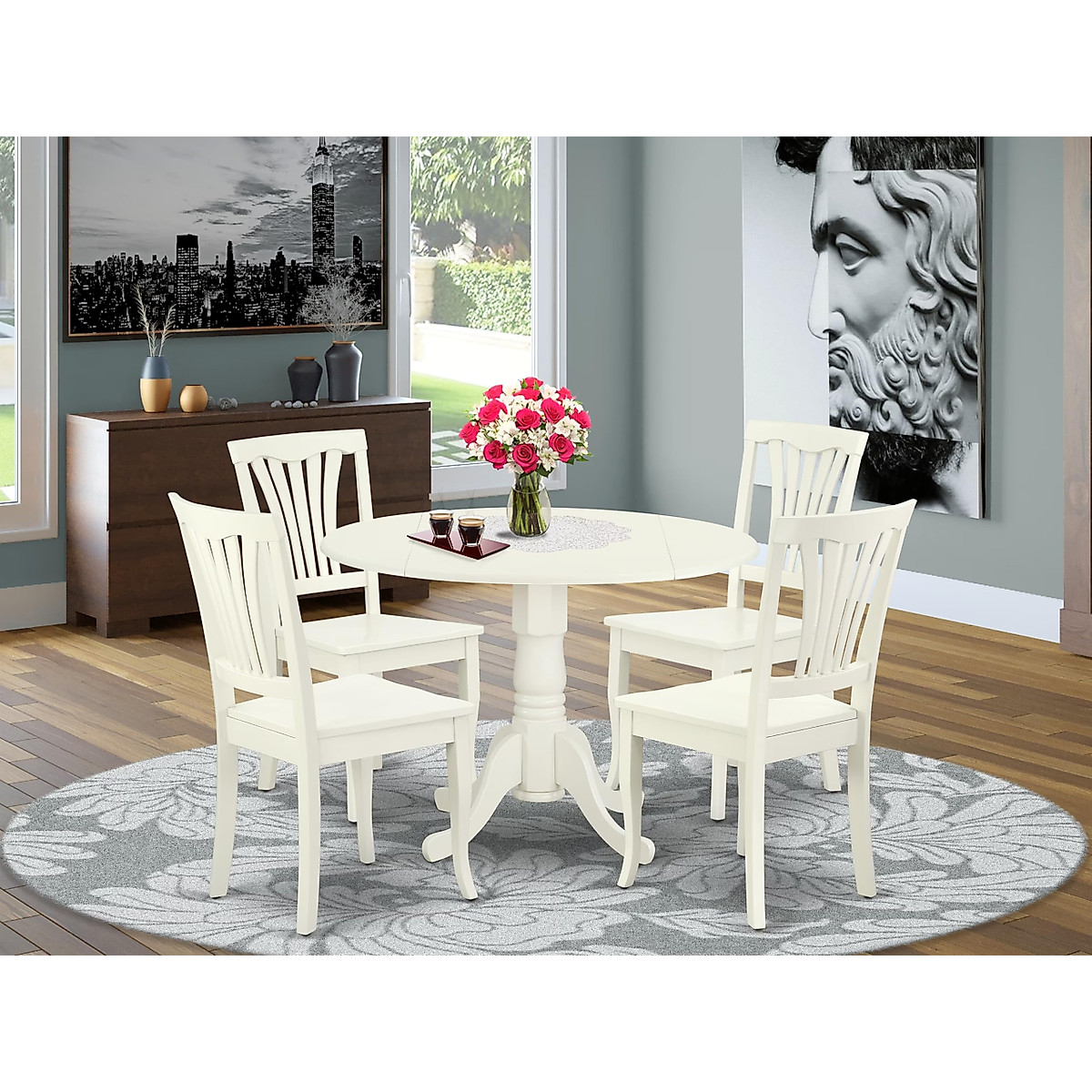 East West Furniture DLAV5-LWH-W 5 Piece Dining Set Includes a Round Dining Room Table with Dropleaf and 4 Wood Seat Chairs, 42x42 Inch, Linen White