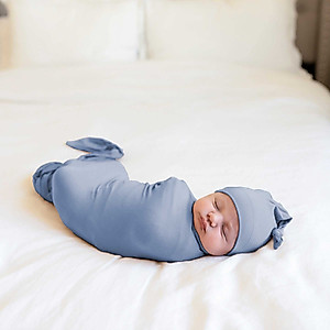 Bayceen Large Jersey Knitted Swaddle Blanket for Baby, Soft Stretchy Receiving Blanket for Newborns with Hat, Large 47 x 47 inches (Steel Blue)