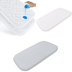 Baby Waterproof Bassinet Mattress Pad Cover and 100% Cotton Sheet(White+Greny), 20" x 28"