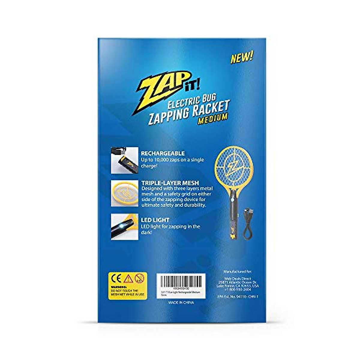 ZAP IT! Bug Zapper Rechargeable Bug Zapper Racket W/ Blue Light Attractant, 4,000 Volt, USB Charging Cable