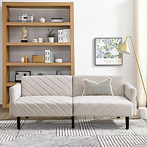 OUYESSIR 78 inch Velvet Futon Sofa Bed, Small Couch, Convertible Futon Sleeper Sofa with Folding Armrests, Modern Loveseat Couch for Bedroom, Living Room (Beige)