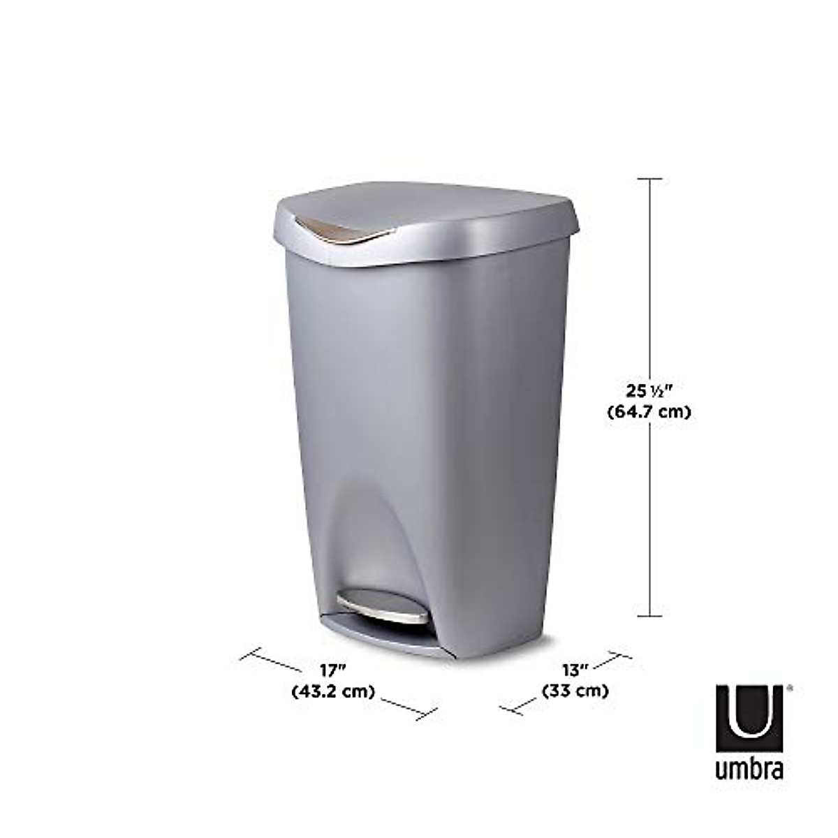 Umbra Brim 13 Gallon Trash Can with Lid - Large Kitchen Garbage Can with Stainless Steel Foot Pedal, Stylish and Durable, Silver/Nickel