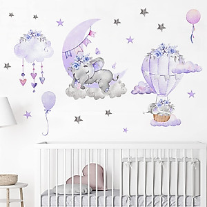 Yovkky Girls Purple Elephant Wall Decals Stickers, Moon Cloud Hot Air Balloon Flower Grey Stars Nursery Decor, Baby Shower Bedroom Decorations Toddler Kids Room Art Party Supply Gift
