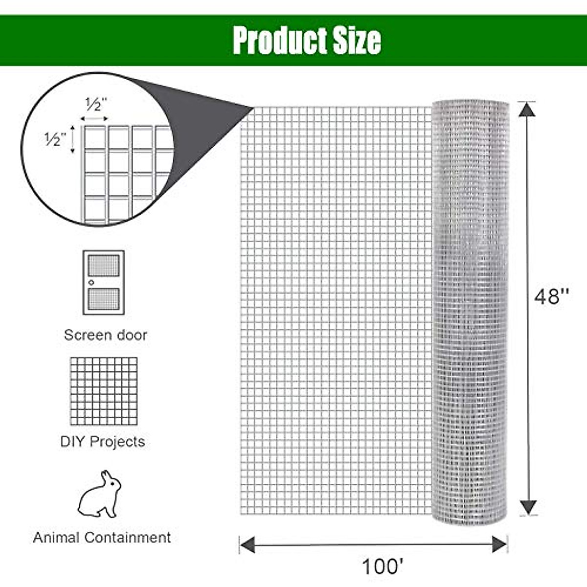 48'' x 100' 1/2inch Hardware Cloth Galvanized Welded Cage Wire, 19 Gauge Hardware Cloth Wire Metal mesh, Poultry Netting Square Chicken Snake Fencing Gopher Fence Racoons Rabbit Pen Gutter
