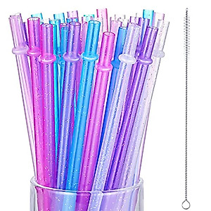 50 Pieces Reusable Drinking Straws Colorful Plastic Straws Clear Glitter Unbreakable Drinking Straws with Cleaning Brush for Home Party Supplies, 6 Colors (9 Inch)