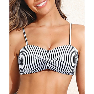Tempt Me Women Black White Stripe Twist Bandeau Bikini Top Strapless Swimsuit Top Only M