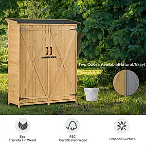 Outdoor 5.3ft Hx4.6ft L Wood Storage Shed Tool Organizer,Garden Shed, Storage Cabinet with Waterproof Asphalt Roof, Double Lockable Doors, 3-Tier Shelves for Backyard, Natural
