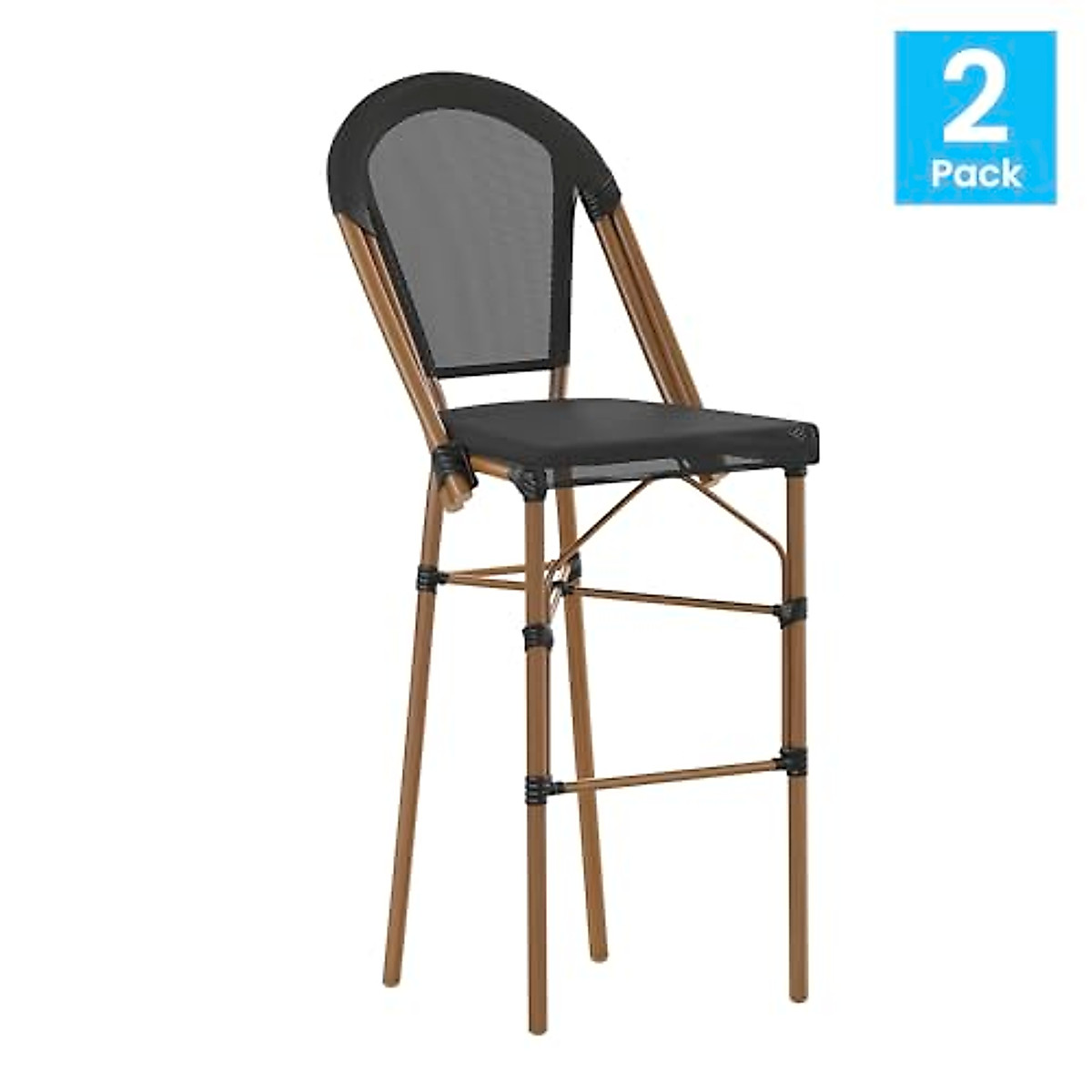Flash Furniture Marseille Indoor/Outdoor Commercial Bistro Stacking Bar Stool - Black Textilene Back and Seat - Natural Bamboo Print Metal Frame, 2 Pack