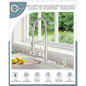 Casavilla Kitchen Faucet Set, Commercial Kitchen Sink Faucets with Pull Down Sprayer and Soap Dispenser, Stainless Steel Faucets for Kitchen Sinks, Single Handle Spring Kitchen Faucets with Deck Plate