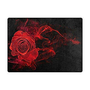 Large Area Rugs 5'3" x 4',Rose in Smoke Swirl On Black Printed Lightweight Non Slip Floor Carpet for Living Room Bedroom Home Deck Patio